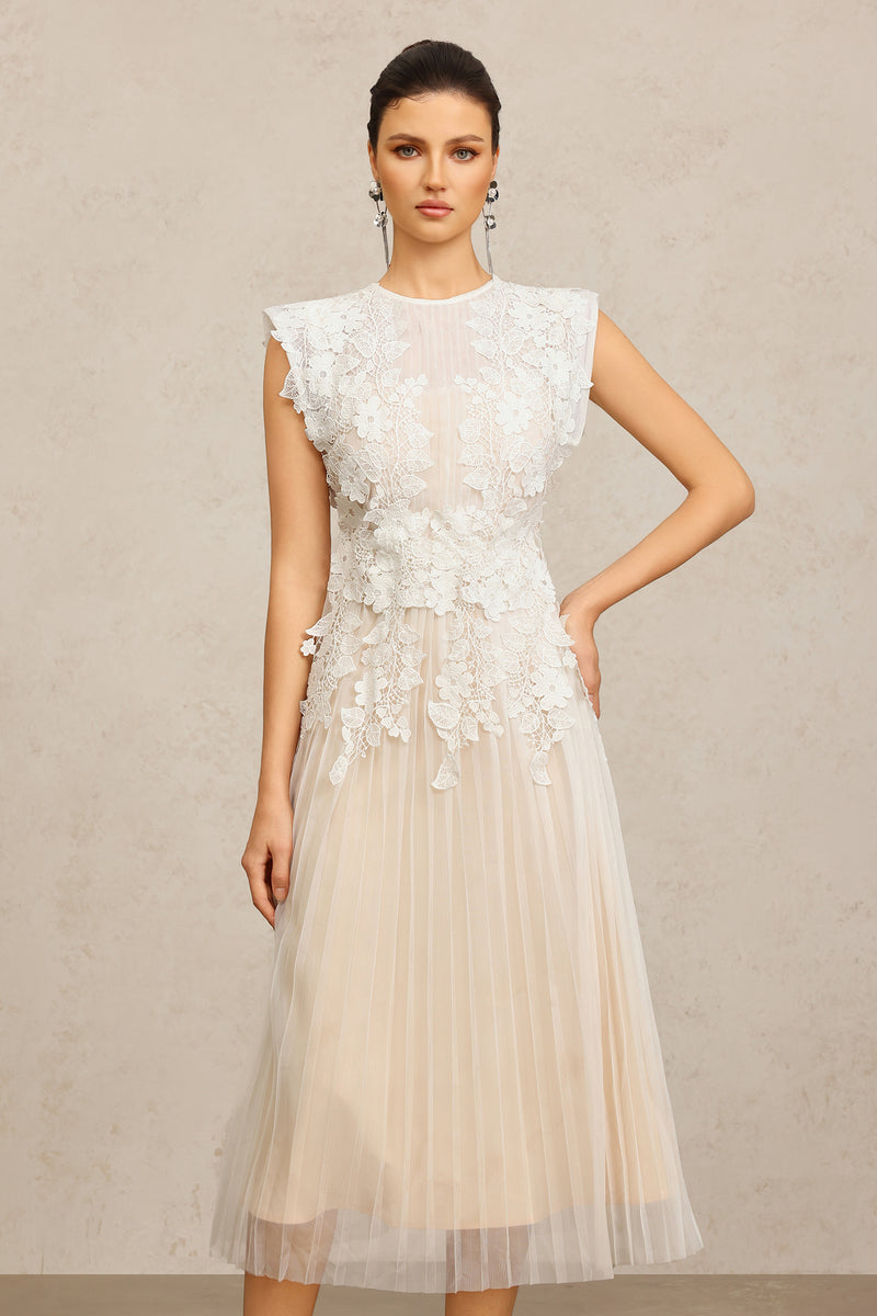 Deborah Round Neck leeveless Lace Flowers Folds Maxi Dress – Beishi